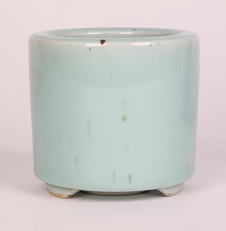 Chinese Qianlong Mark Pair Celadon Glazed Porcelain Brush Pots For Sale at 1stDibs
