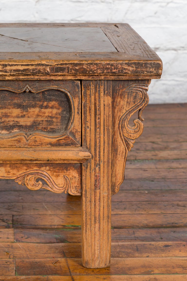 Chinese Qing Dynasty 19th Century Carved Low Elm Table with Ming Stone ...