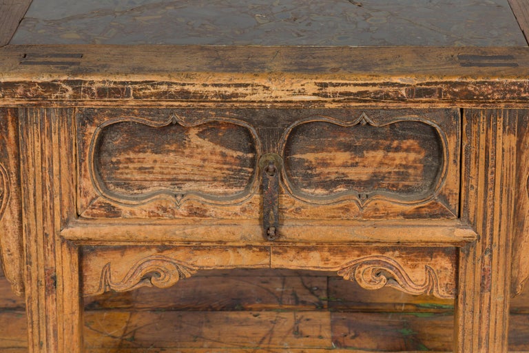 Chinese Qing Dynasty 19th Century Carved Low Elm Table with Ming Stone ...