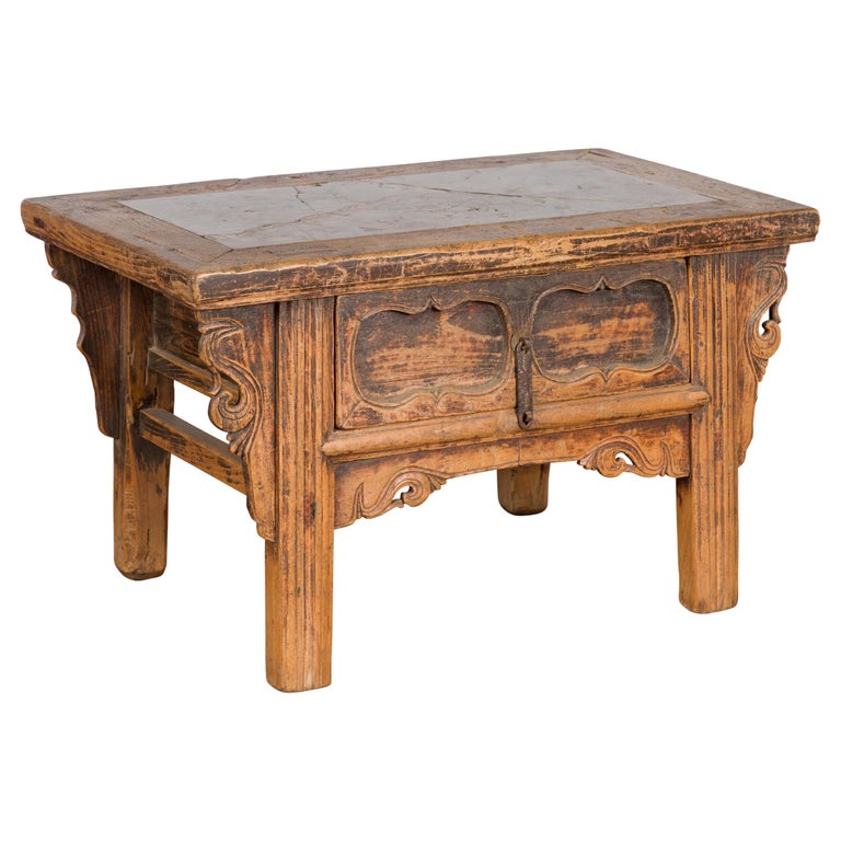 Chinese Qing Dynasty 19th Century Carved Low Elm Table with Ming Stone ...