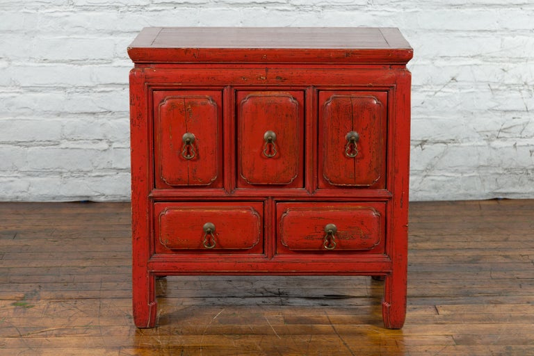Chinese Qing Dynasty 19th Century Red Lacquer Side Chest with Five ...