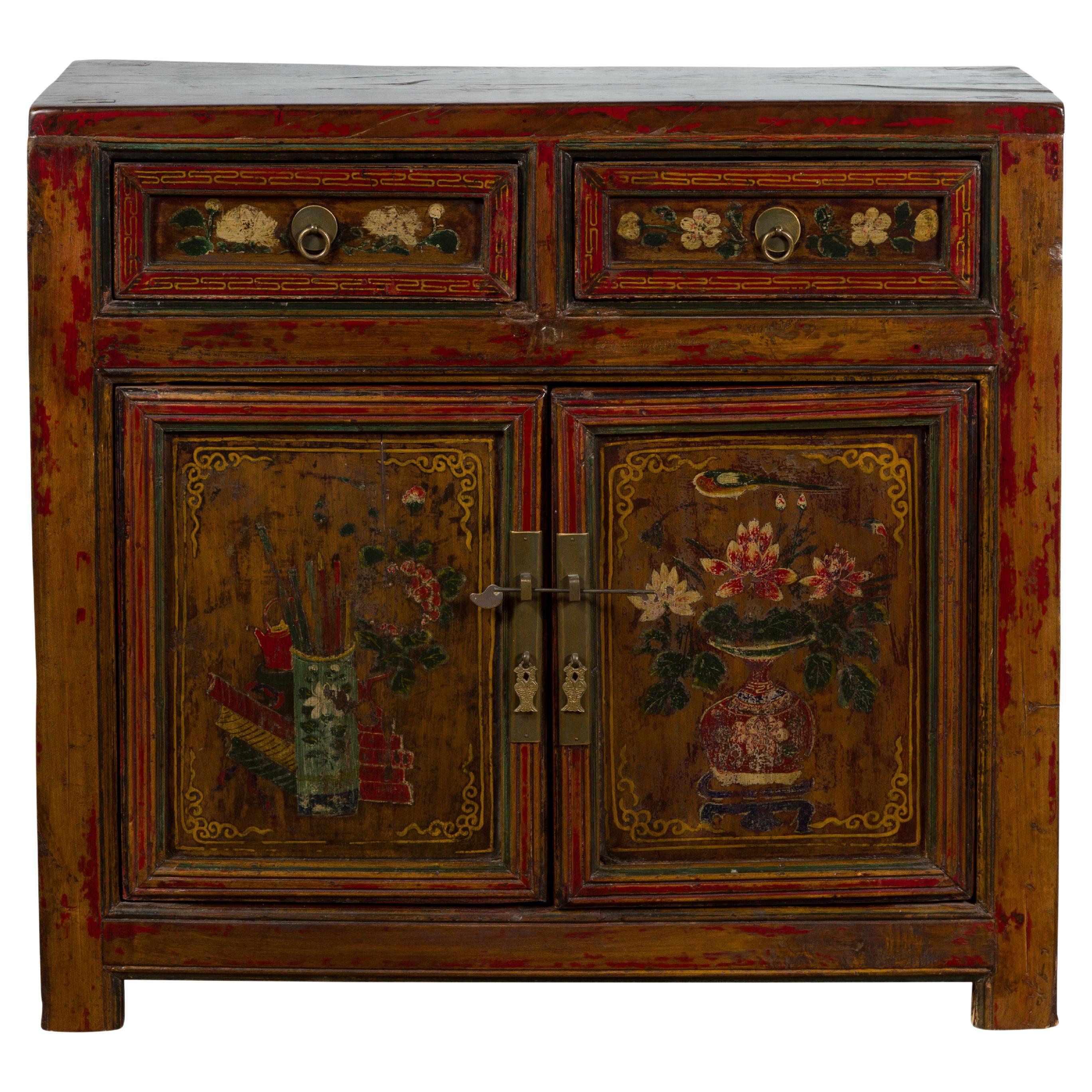 19th Century Chinese Floral Painted Cabinet at 1stDibs