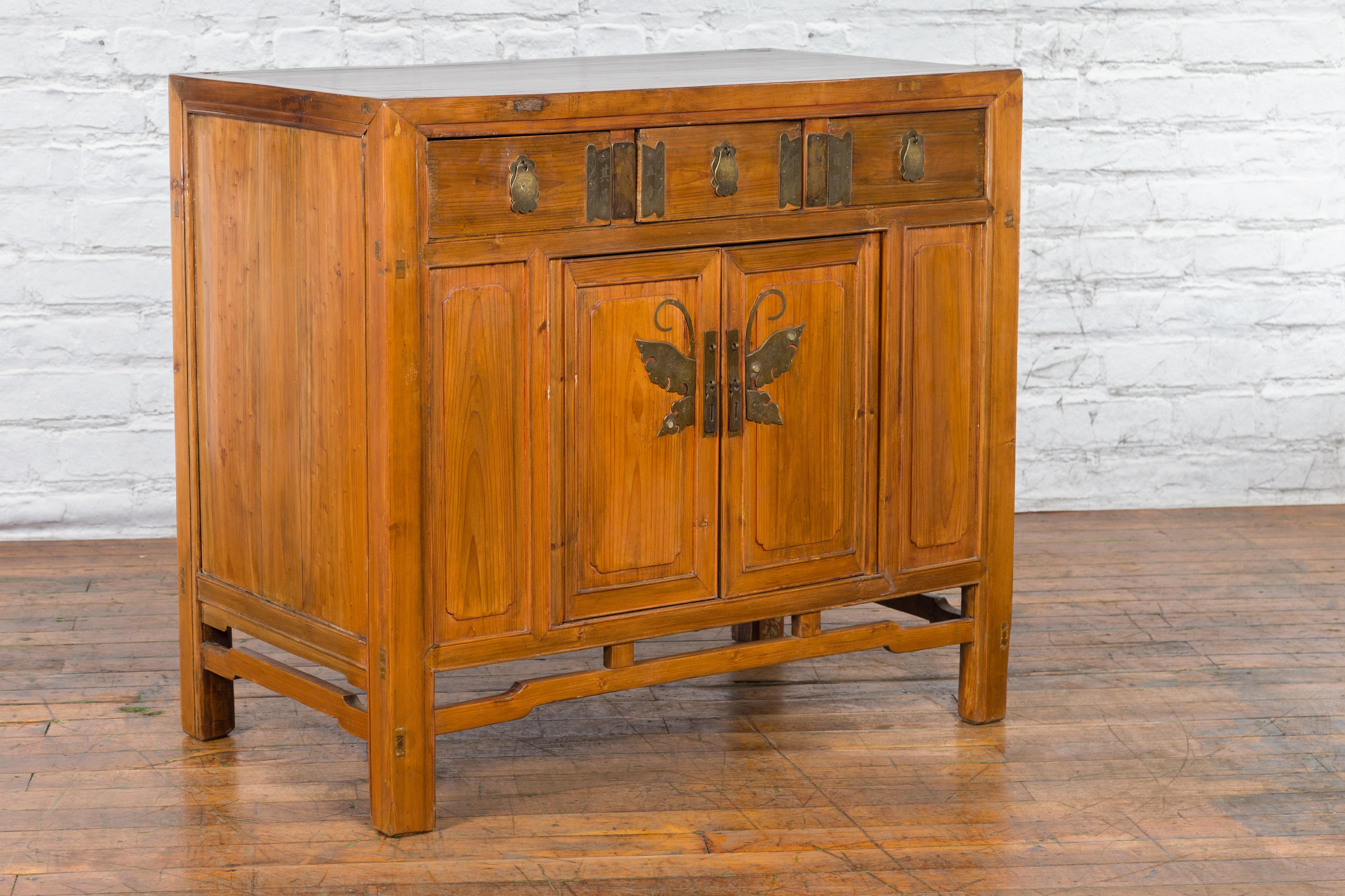 Chinese Qing Dynasty Brown Lacquer Side Cabinet with Brass Butterfly ...