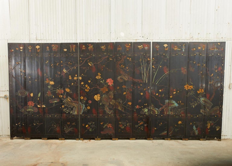 Chinese Qing Twelve Panel Lacquered Coromandel Screen For Sale at 1stDibs