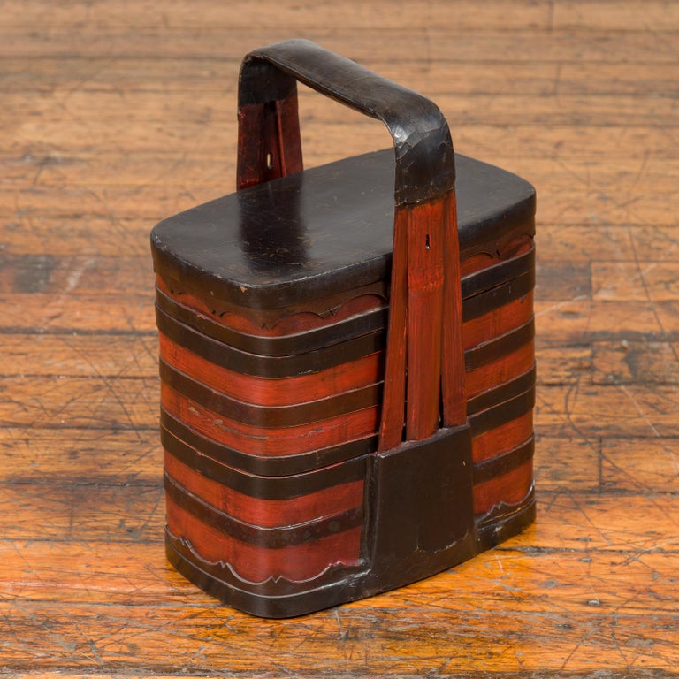 Chinese Red and Black Lacquered Tiered Lunch Box with Handle and ...