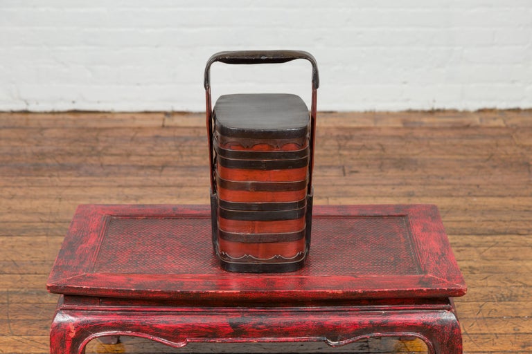 Chinese Red and Black Lacquered Tiered Lunch Box with Handle and ...