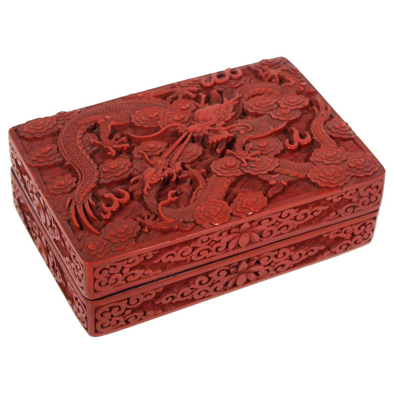 Chinese Red Cinnabar Box with Dragon Motif at 1stDibs