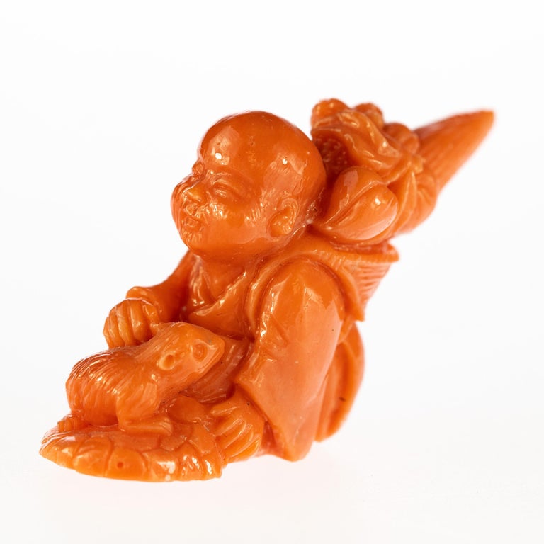 Chinese Red Coral Peasant Hand Carved Asian Art Taiwan Statue Sculpture ...