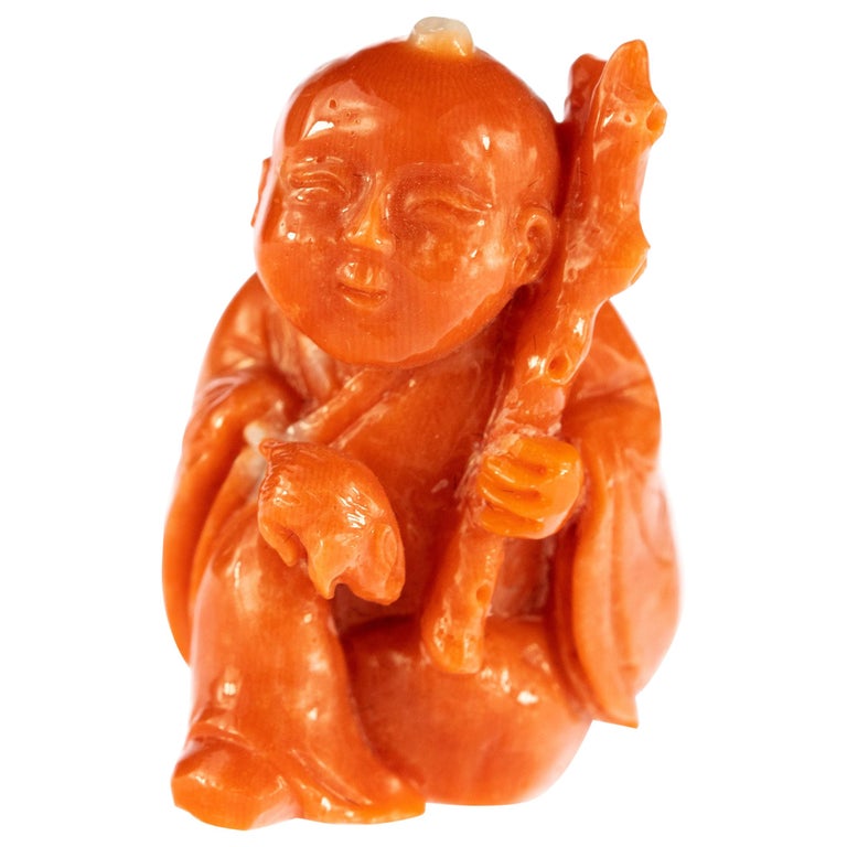 Chinese Red Coral Peasant Hand Carved Asian Art Taiwan Statue Sculpture ...