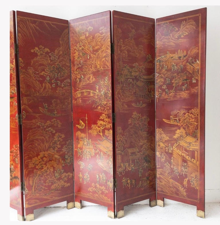 Chinese Red Lacquer 6 Panel Painted and Gilt Decorated Screen at 1stDibs
