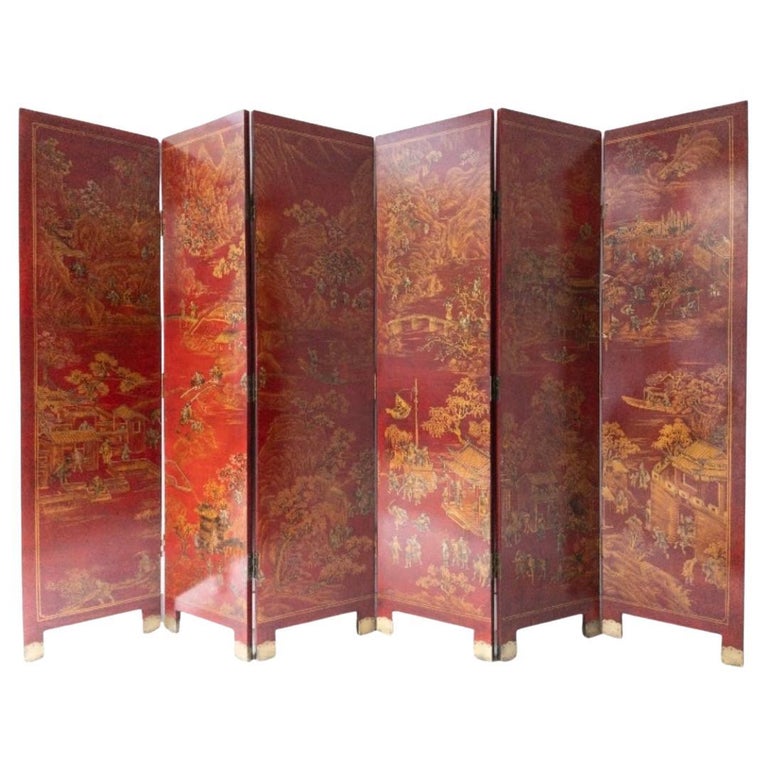 Chinese Red Lacquer 6 Panel Painted and Gilt Decorated Screen at 1stDibs