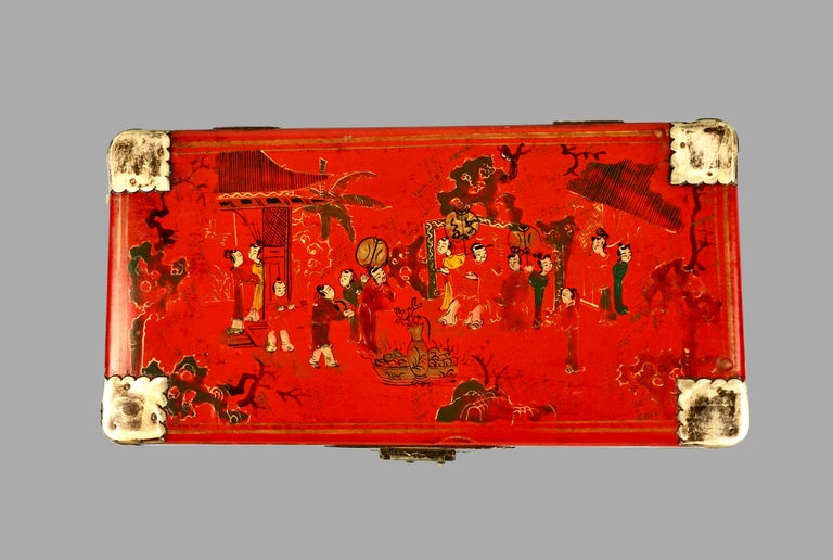 Chinese Red Lacquer Box with Metal Mounted Corners For Sale at 1stDibs