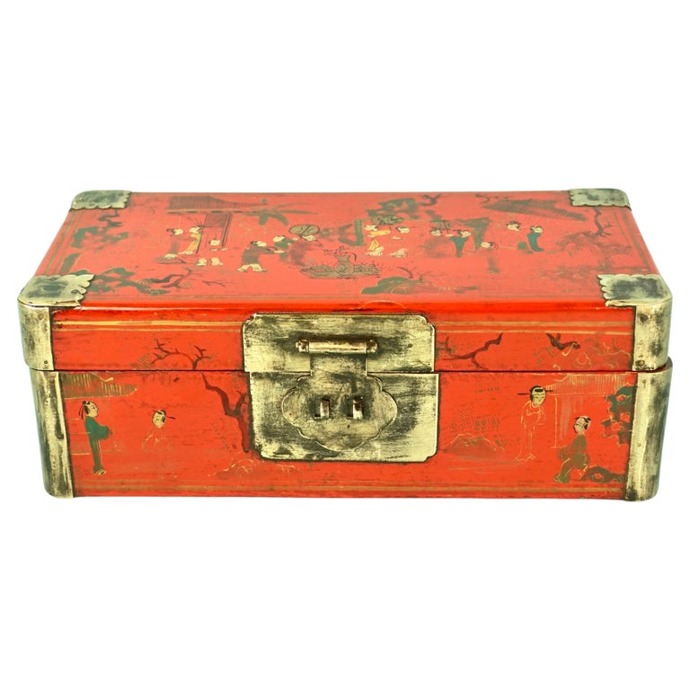 Chinese Red Lacquer Box with Metal Mounted Corners For Sale at 1stDibs