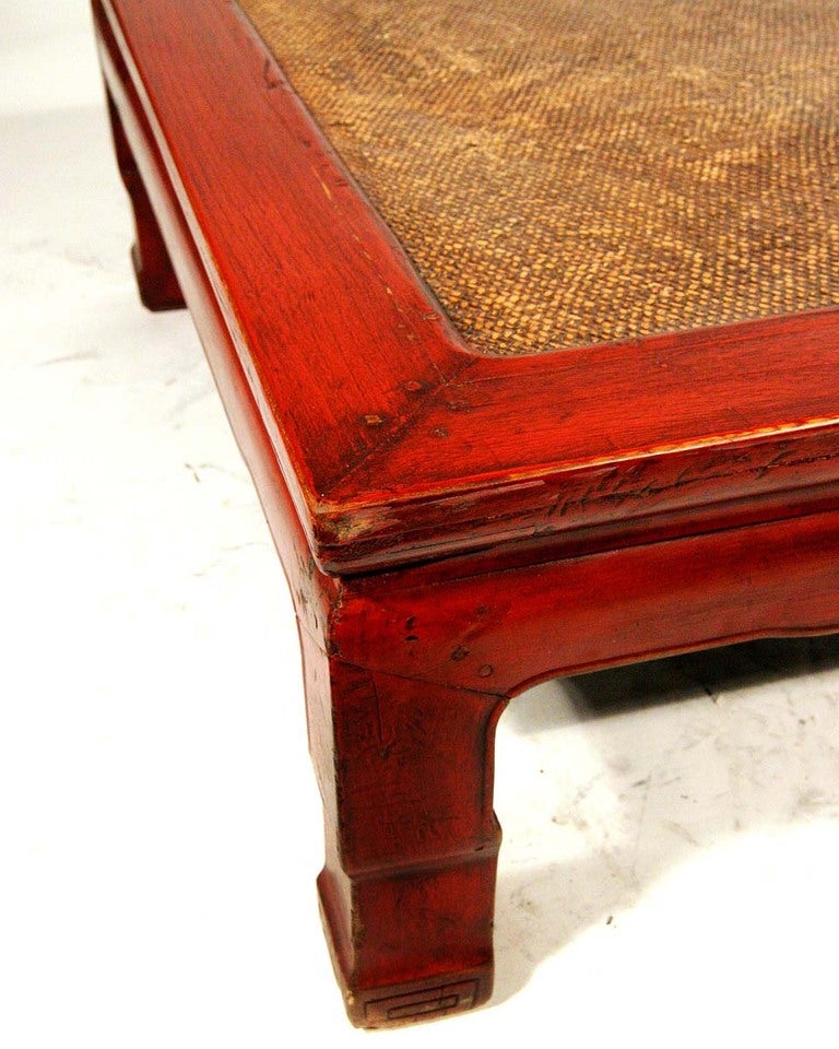 Chinese Red Lacquer Coffee Table with Woven Rice Top at 1stDibs