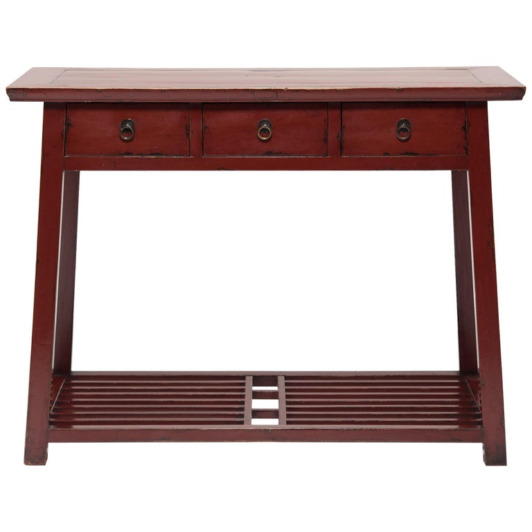 Chinese Red Lacquer Console Table with Lattice Shelf, circa 1900 at 1stDibs