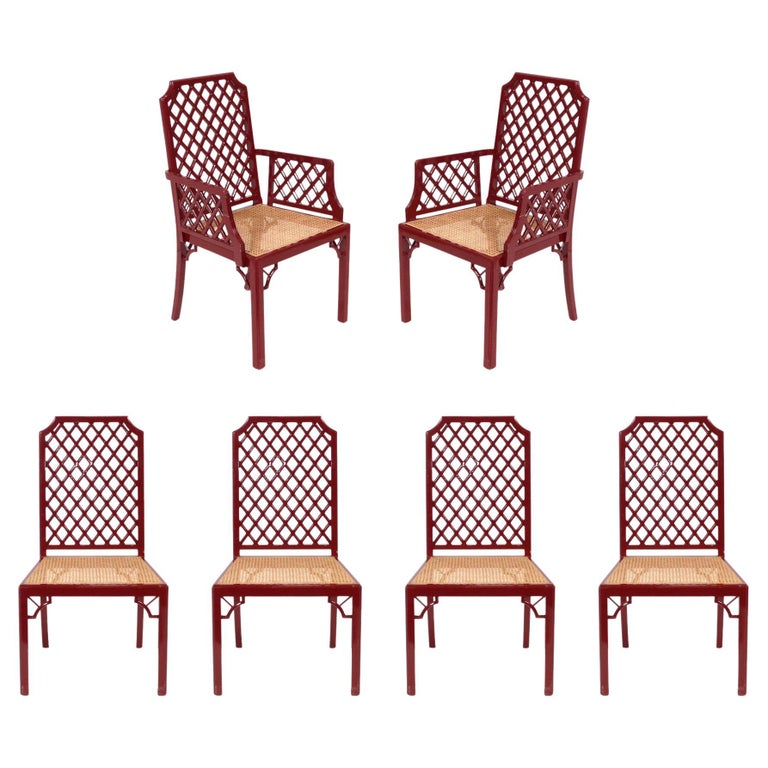 Chinese Red Lacquer Lattice Dining Chairs For Sale at 1stDibs