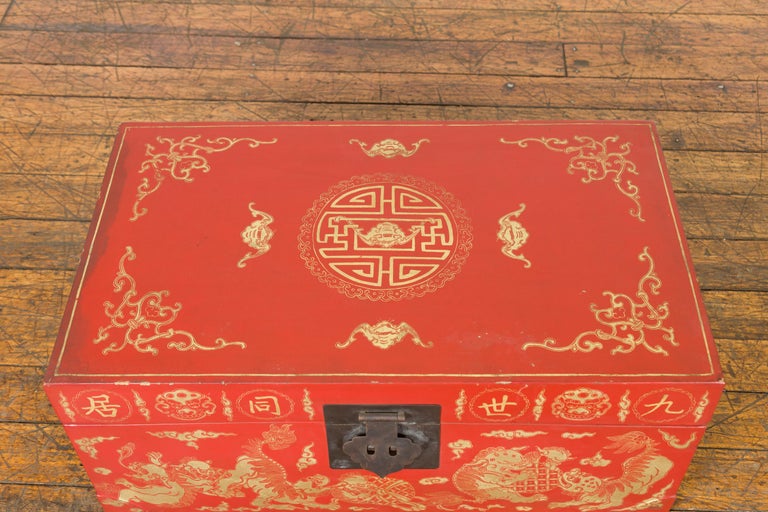 Chinese Red Lacquered Blanket Chest with Gilt Motifs and Guardian Lions ...