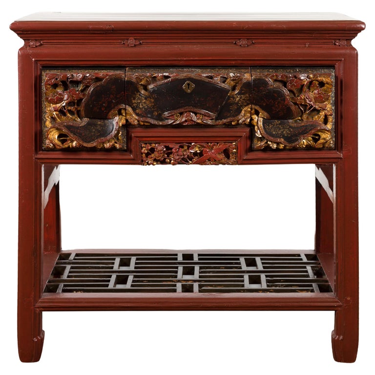 Chinese Red Lacquered Console Table with Hand Carved Drawers and ...