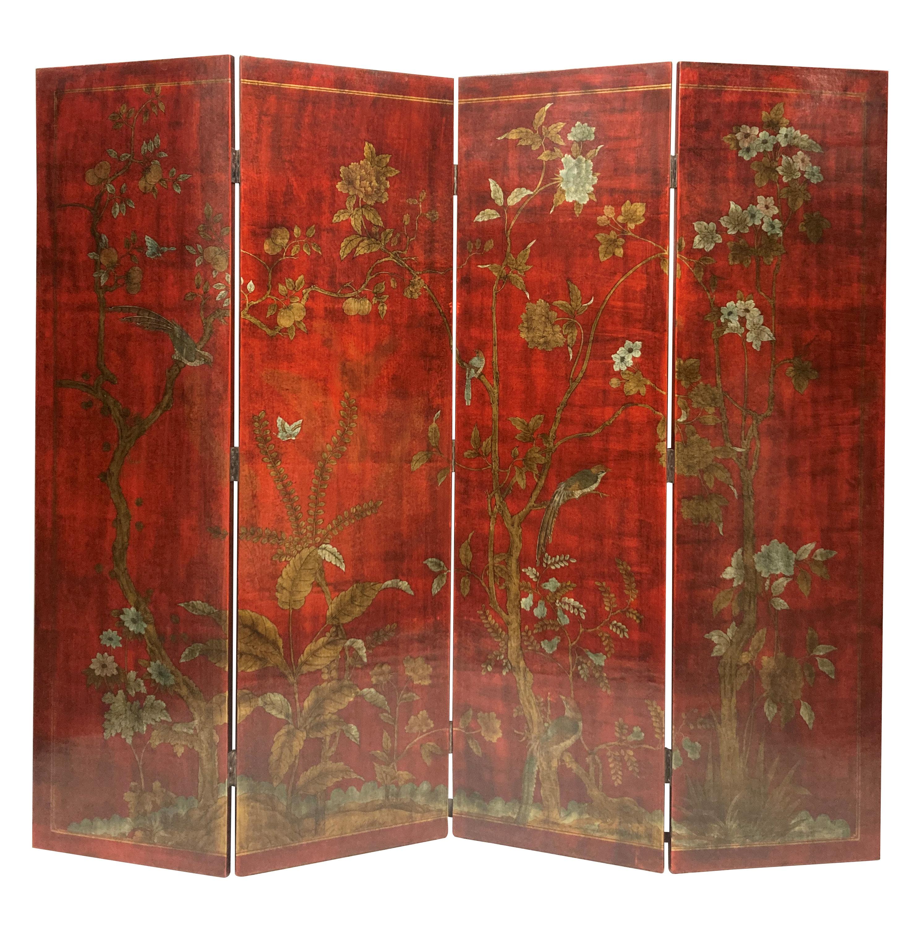 Chinese Red Lacquered Four Fold Decorative Screen For Sale at 1stDibs