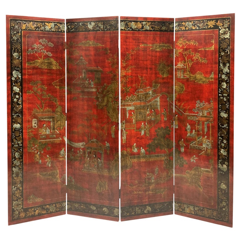 Chinese Red Lacquered Four Fold Decorative Screen For Sale at 1stDibs