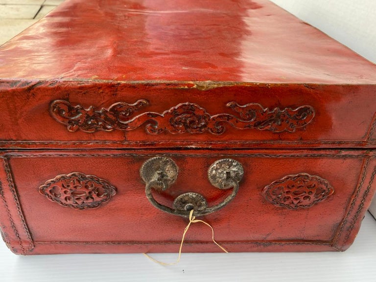Chinese Red Lacquered Leather Trunk at 1stDibs