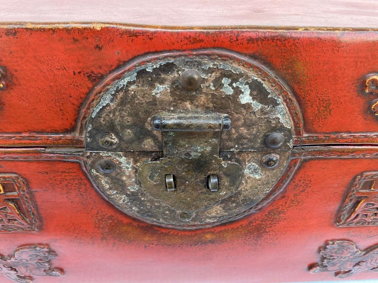 Chinese Red Lacquered Leather Trunk at 1stDibs