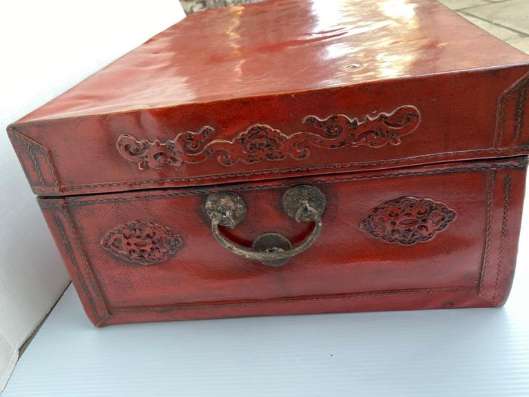 Chinese Red Lacquered Leather Trunk at 1stDibs