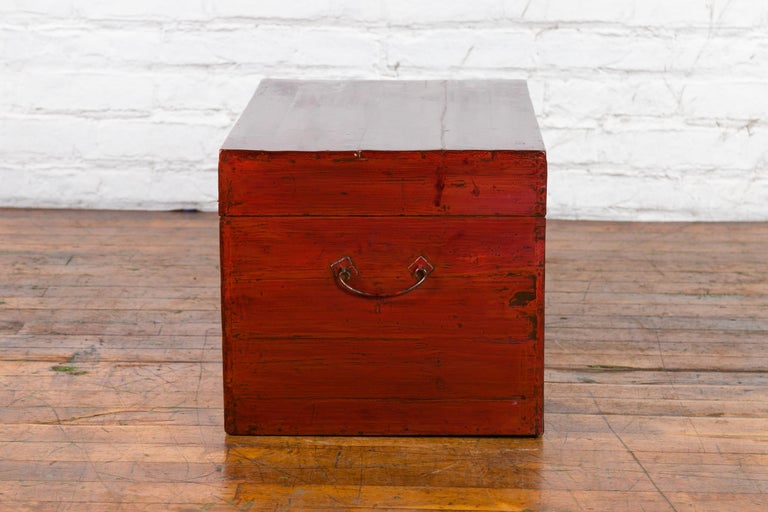 Chinese Red Lacquered Trunk with Butterfly Hardware and Court Scenes ...