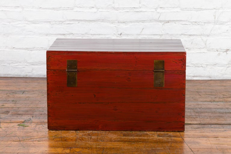 Chinese Red Lacquered Trunk with Butterfly Hardware and Court Scenes ...