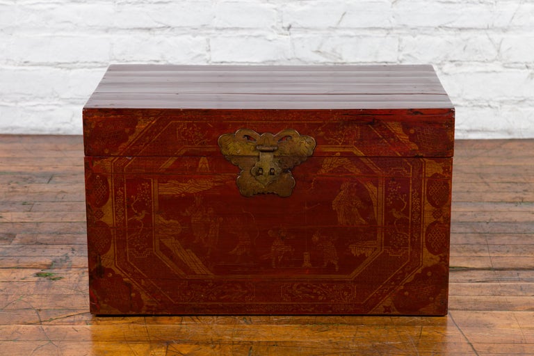 Chinese Red Lacquered Trunk with Butterfly Hardware and Court Scenes ...