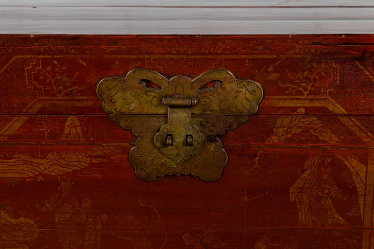 Chinese Red Lacquered Trunk with Butterfly Hardware and Court Scenes ...