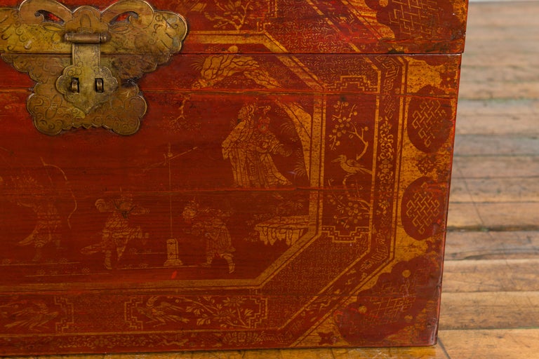 Chinese Red Lacquered Trunk with Butterfly Hardware and Court Scenes ...
