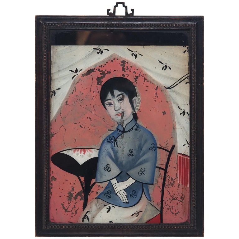 Chinese Reverse Glass Portrait of Beauty in Blue, circa 1900 at 1stDibs