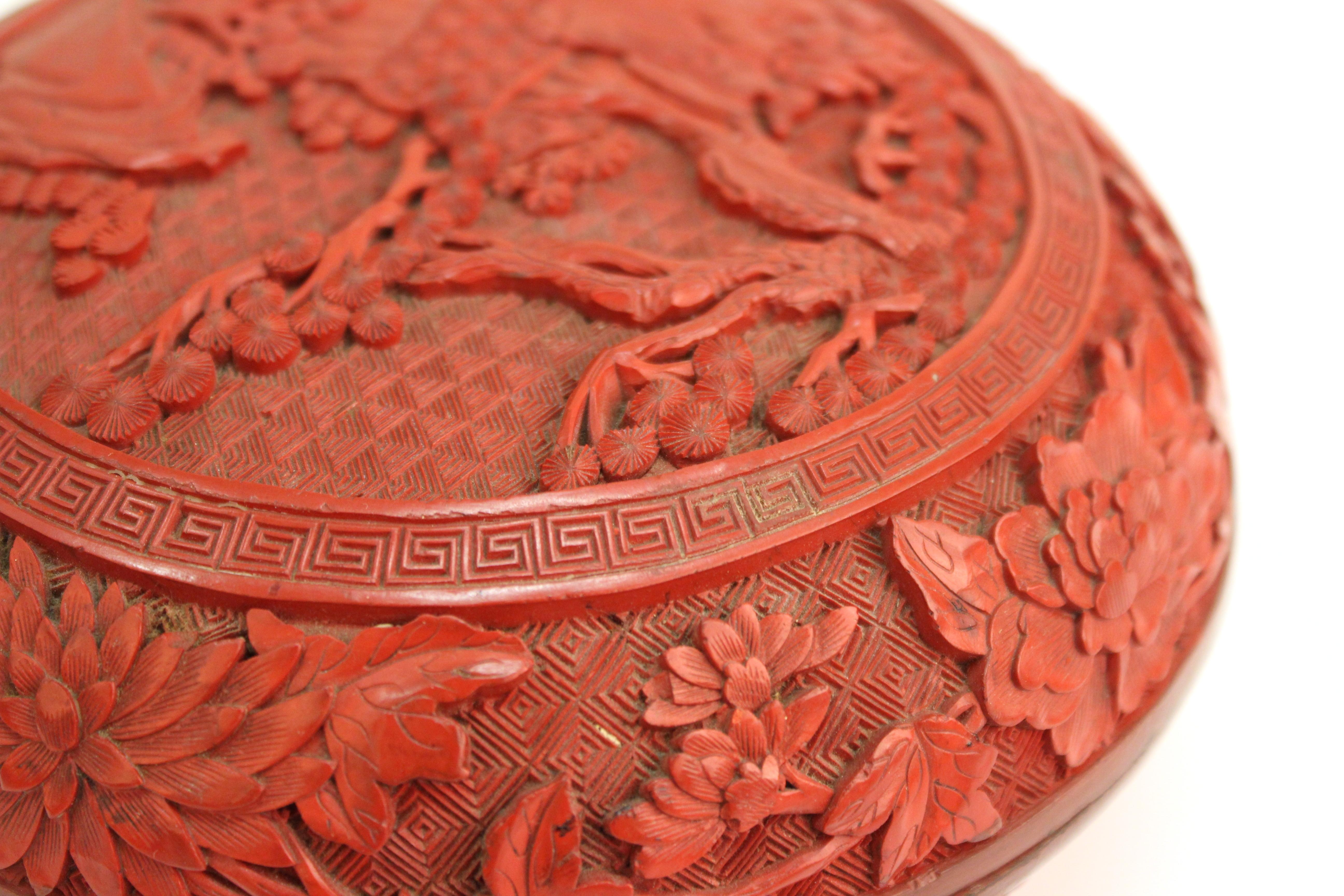 Chinese Round Cinnabar Box with Carved Scene of Five Scholars in a ...