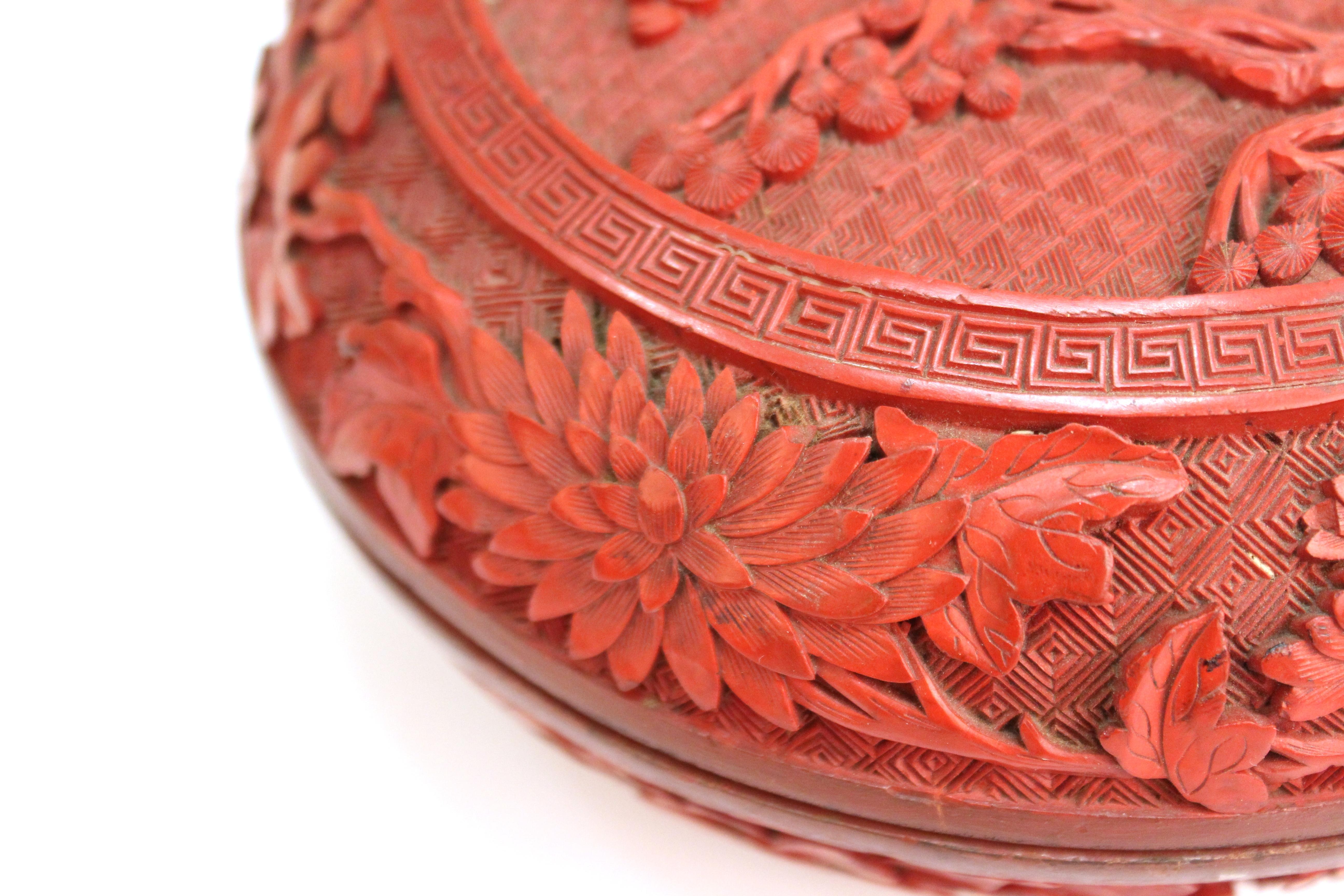 Chinese Round Cinnabar Box with Carved Scene of Five Scholars in a ...