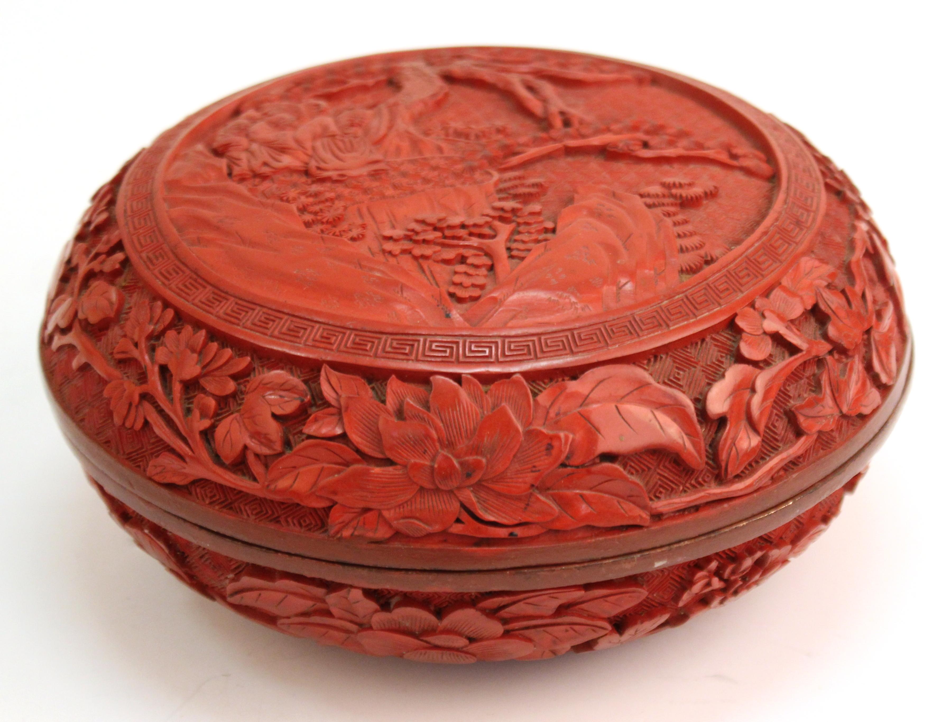 Chinese Round Cinnabar Box with Carved Scene of Five Scholars in a ...