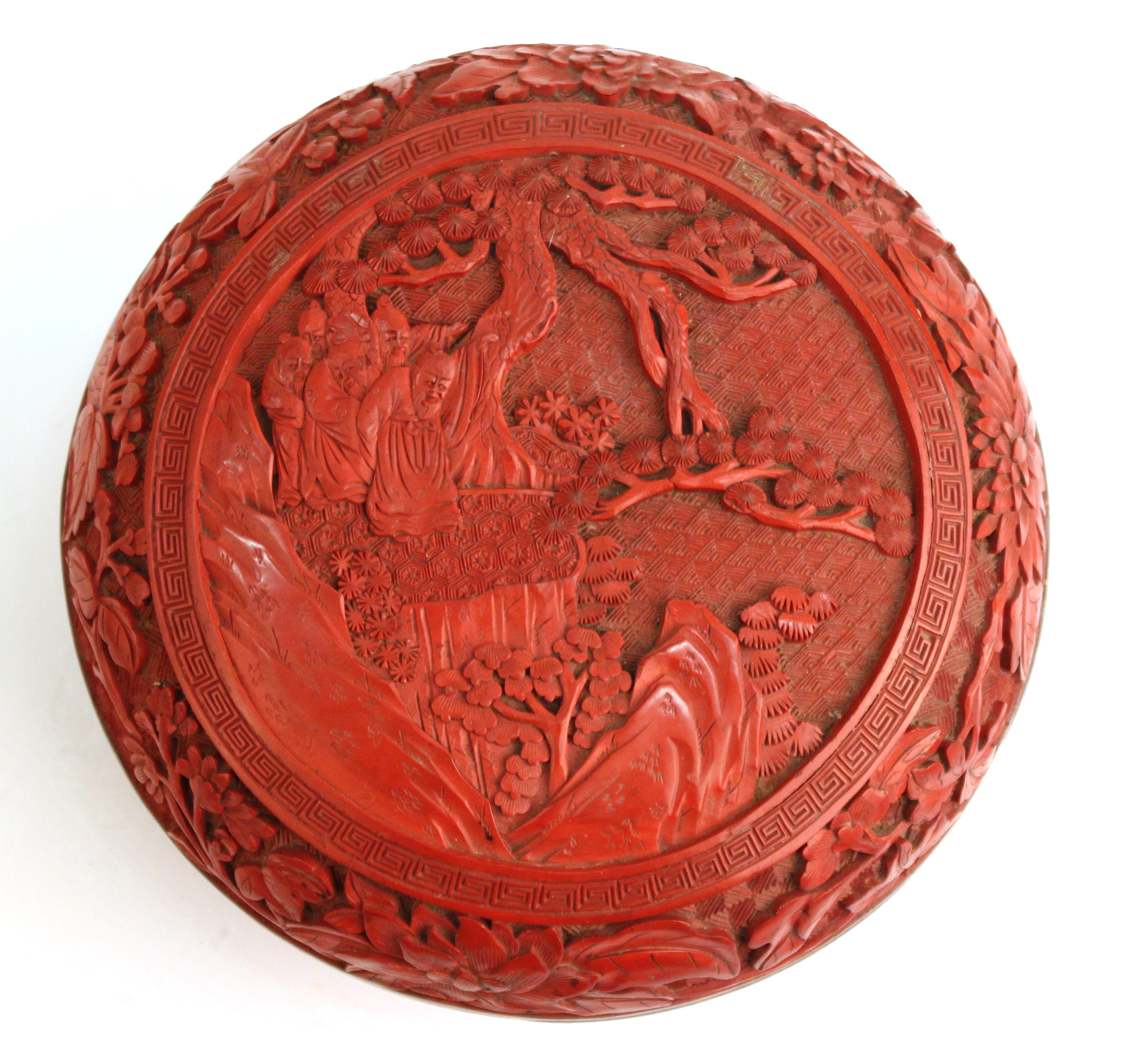 Chinese Round Cinnabar Box with Carved Scene of Five Scholars in a ...