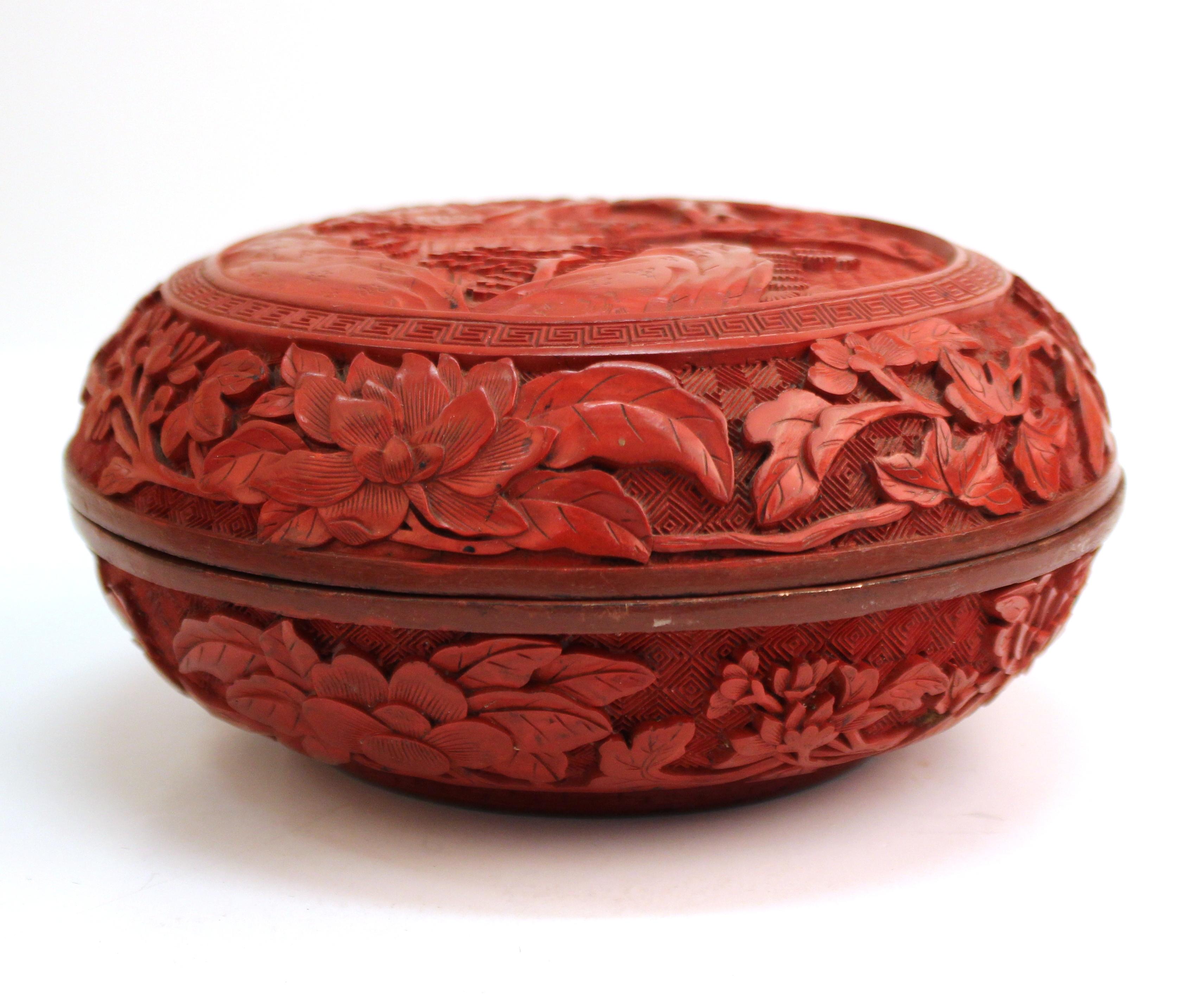 Chinese Round Cinnabar Box with Carved Scene of Five Scholars in a ...