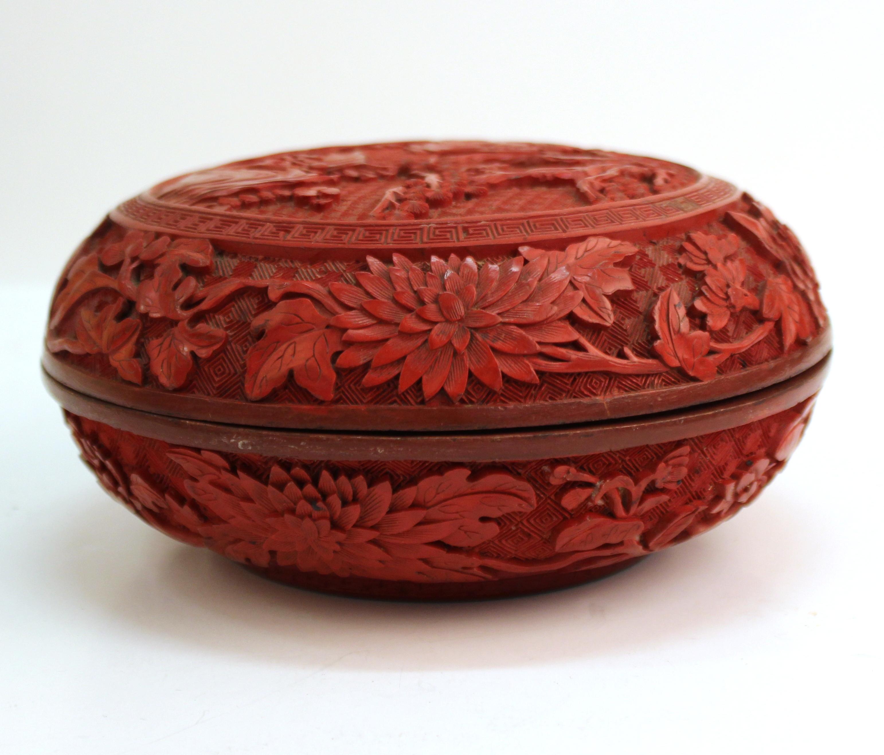 Chinese Round Cinnabar Box with Carved Scene of Five Scholars in a ...