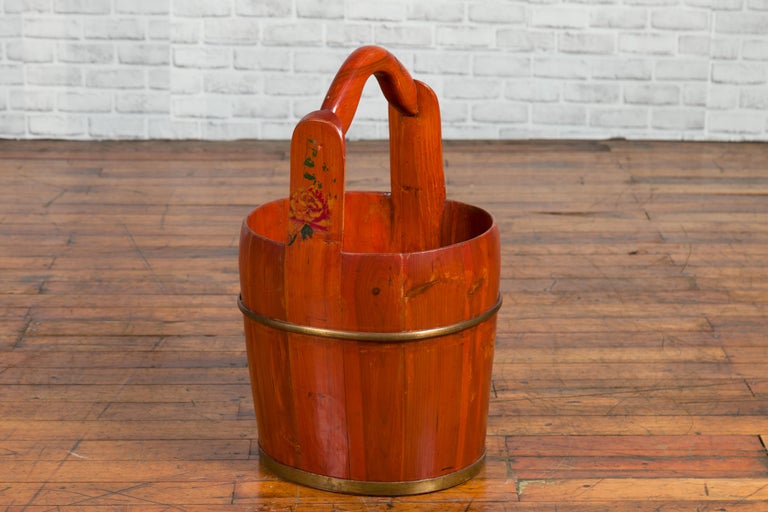 Chinese Rustic Wooden Bucket with Large Handle and Painted Floral ...