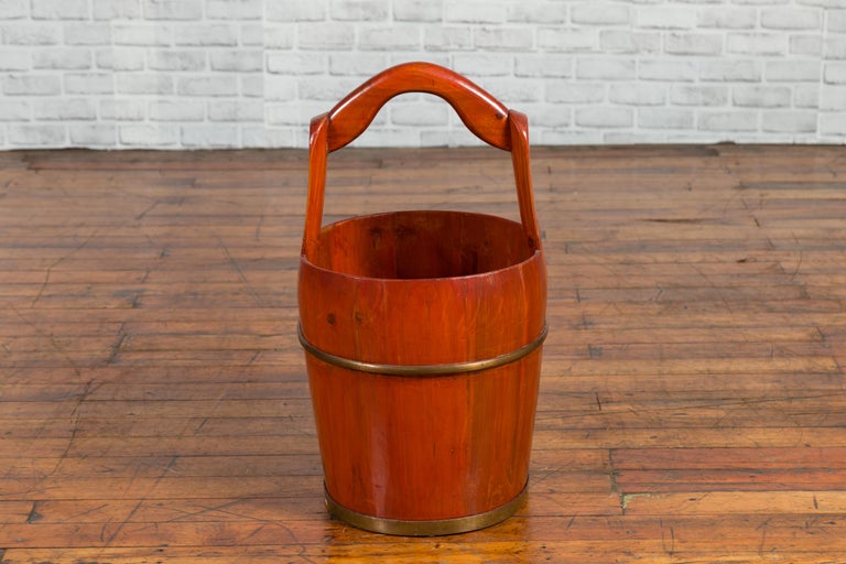 Chinese Rustic Wooden Bucket with Large Handle and Painted Floral ...