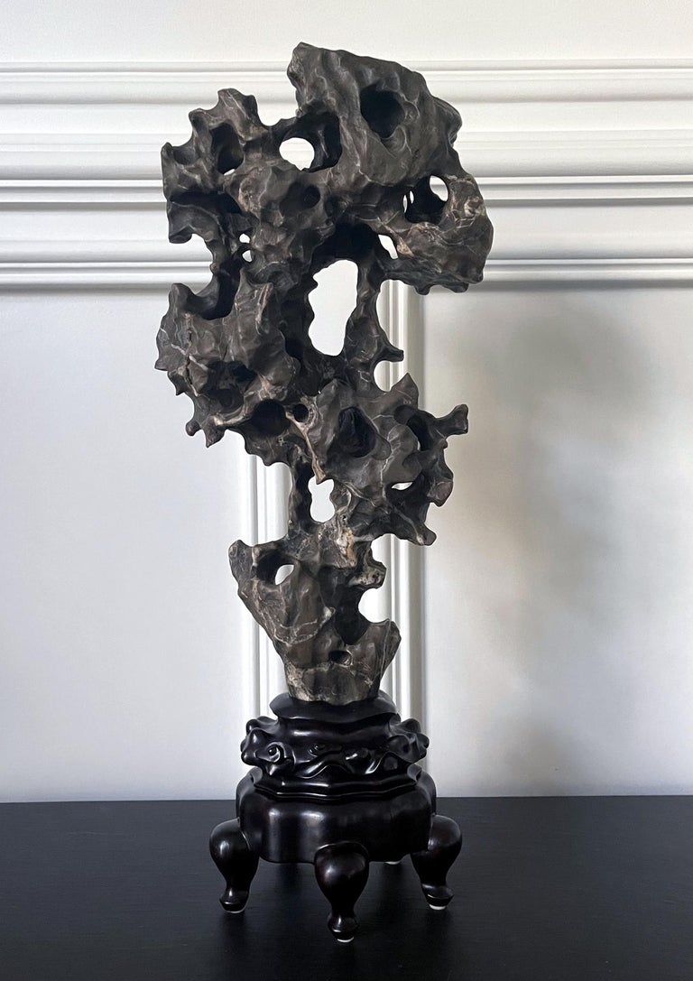 Chinese Scholar Rock Black Taihu Stone on Wood Stand For Sale at 1stDibs