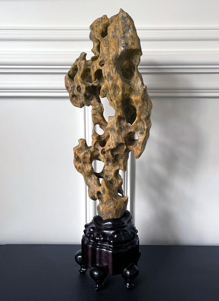 Chinese Scholar Rock Yellow Taihu Stone on Wood Stand For Sale at 1stDibs