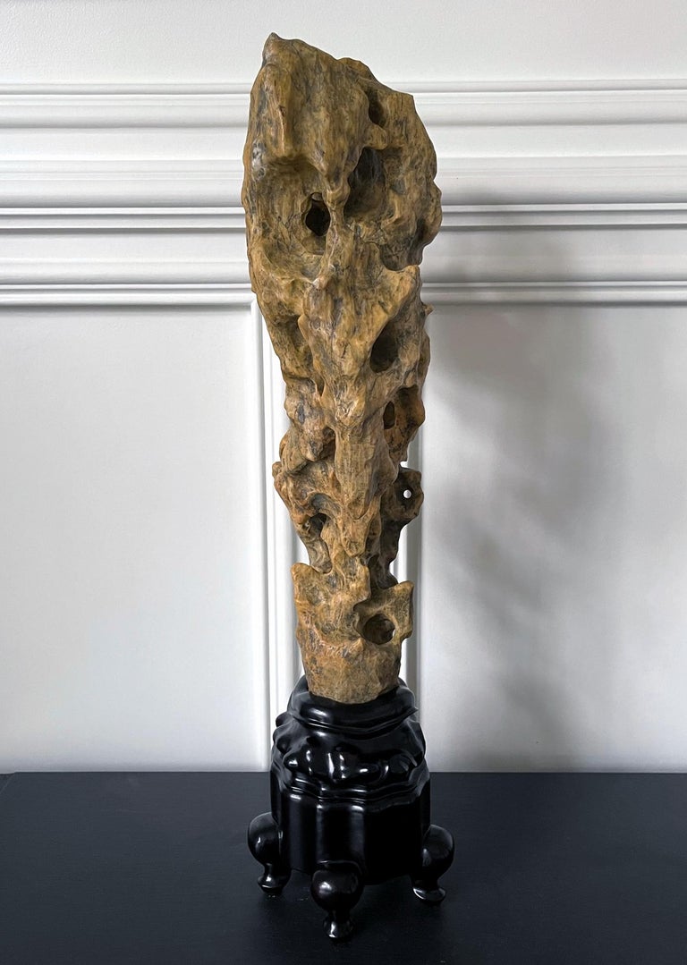 Chinese Scholar Rock Yellow Taihu Stone on Wood Stand For Sale at 1stDibs