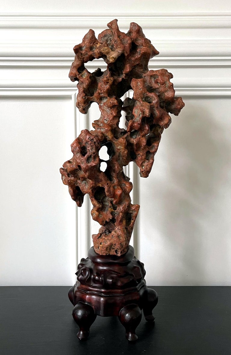 Chinese Scholar Stone Rare Red Taihu Rock on Display Stand For Sale at ...