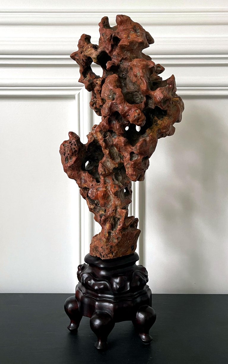 Chinese Scholar Stone Rare Red Taihu Rock on Display Stand For Sale at ...
