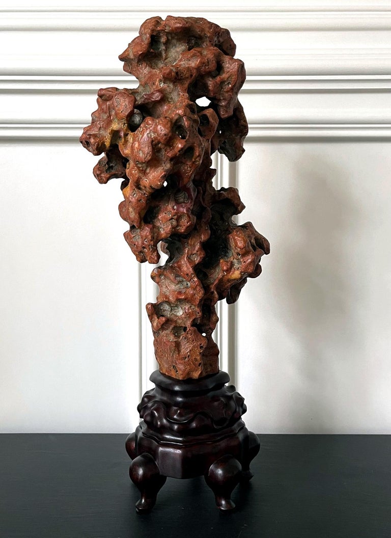 Chinese Scholar Stone Rare Red Taihu Rock on Display Stand For Sale at ...