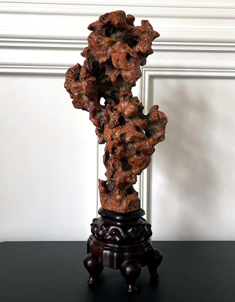 Chinese Scholar Stone Rare Red Taihu Rock on Display Stand For Sale at ...