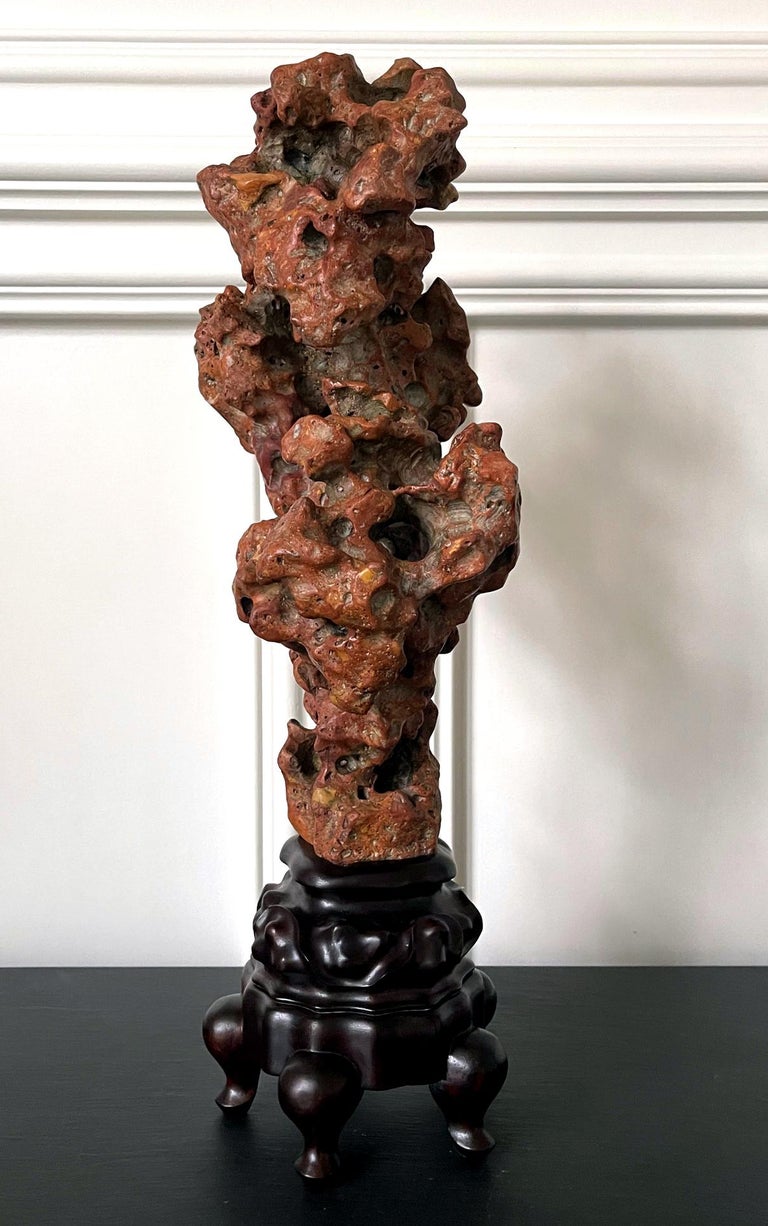 Chinese Scholar Stone Rare Red Taihu Rock on Display Stand For Sale at ...