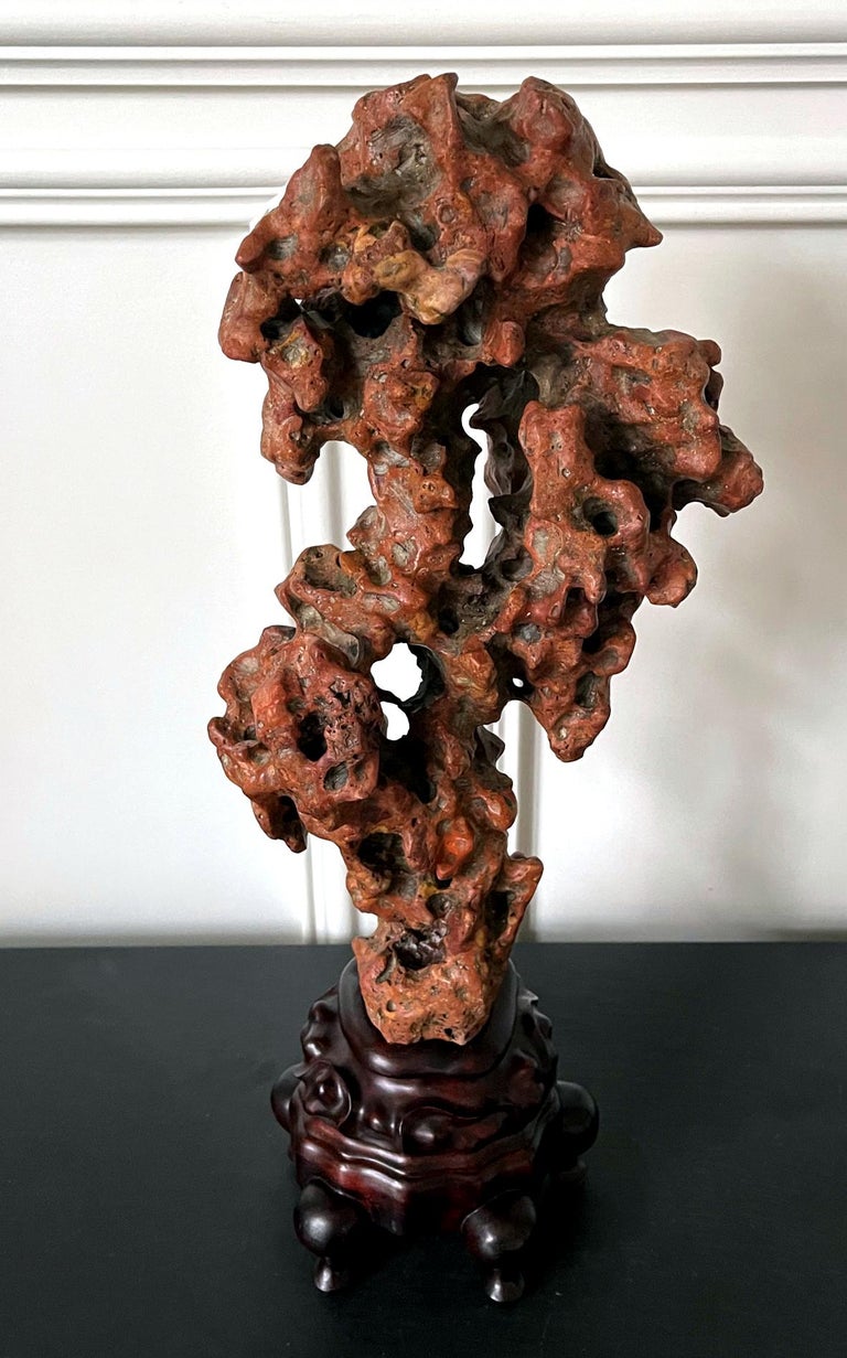 Chinese Scholar Stone Rare Red Taihu Rock on Display Stand For Sale at ...